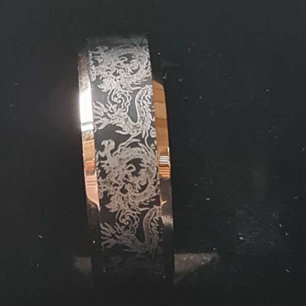 Engraved Tungsten Edge Dragon Wedding Band Rose Gold Ring, Traditional ...