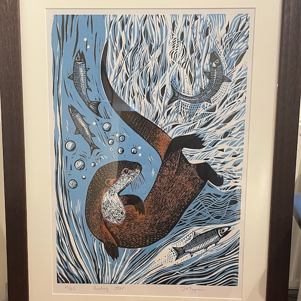 Limited Edition Handmade Linocut. Hunting Otter. - Etsy