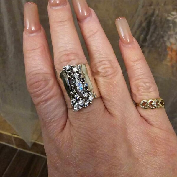 Long Statement Ring, 925 Sterling Silver Ring, Shield Ring, Cubic ...