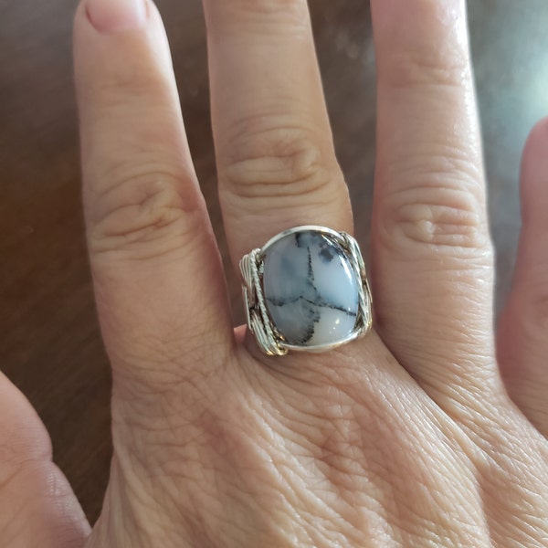 Sterling Silver Merlinite or Dendritic Agate Wire Wrapped Ring - Etsy