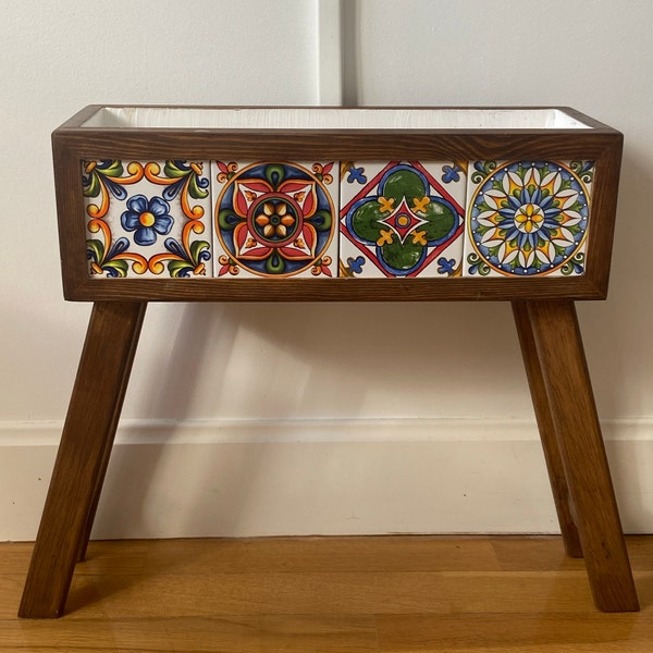 Mexican Tile Wooden Planter With Legs: Rustic Home & Garden Decor ...
