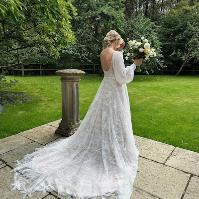 Pearl Overlay Top Modern Wedding Dress Angel Sleeve V - Etsy