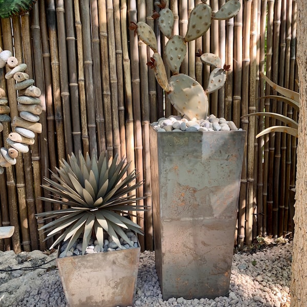 Tall Pedestal Metal Planter, Column Planter Pot, Patina Steel Planter ...