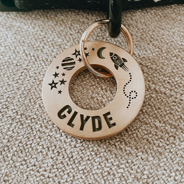 Star & Rocket Design Stainless Steel or Brass Personalised Round Dog ...