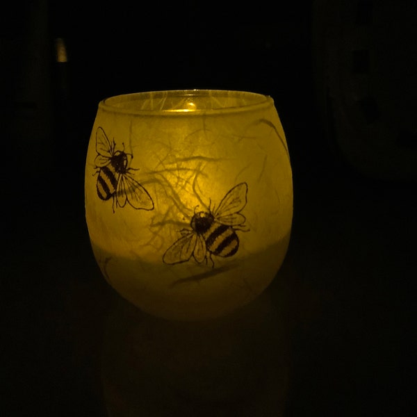 Hand Painted Bee Candle Holder: Straw Silk Glass, Includes LED Tealight ...