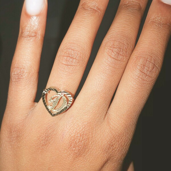10K Gold Heart Initial Ring, A-Z, Letter Ring, Real Gold Diamond Cut ...