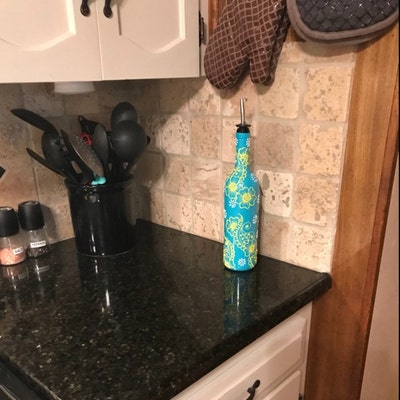 Hand Painted Wine Bottle Olive Oil Pourer, Turquoise and White, Vibrant ...