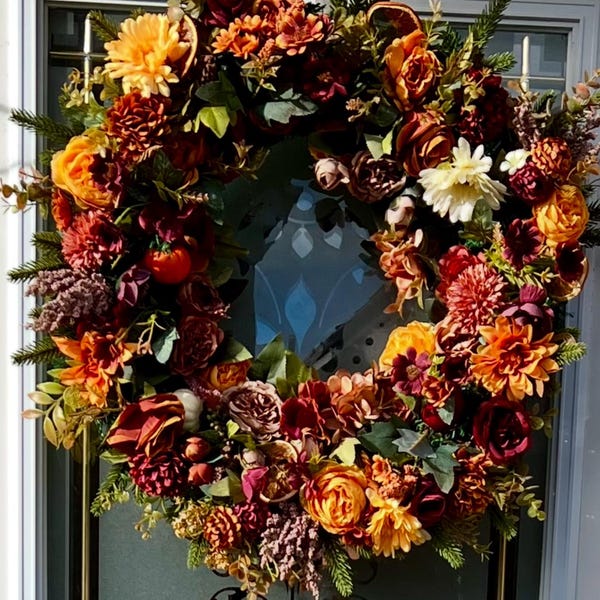Extra Large 70cm Luxury Artificial Autumn Door Wreath With Peonies ...