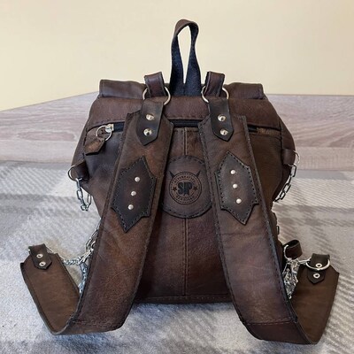 Brown Backpack Chains, Rivets, Studs, Ornamental, Hand-made Embossing ...