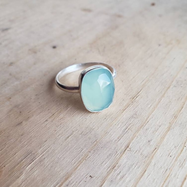 Elegant Rectangle Cushion Cut Aqua Blue Chalcedony Boho Ring Sterling Silver Statement Ring ...