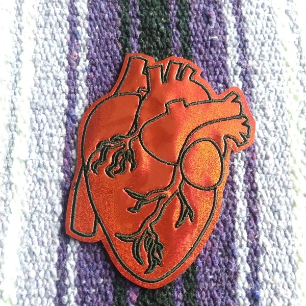 Red Holographic Glitter Anatomical Heart Vinyl Iron on Embroidered ...