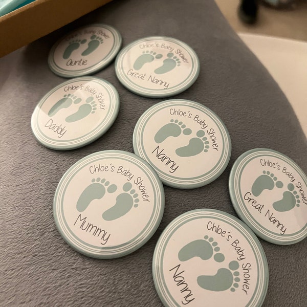 Personalised Baby Shower Badges With Baby Feet 6cm - New Baby Party ...