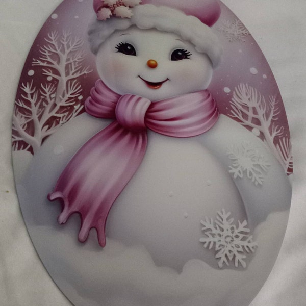 7"x12" Oval Pink Snowman Wreath Sign, Winter Wreath Signs, Snowman ...