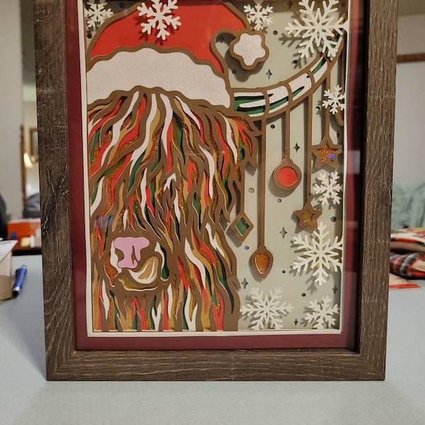 Christmas Highland Cow 3D SVG/ Highland Cow Shadow Box/ Highland Cow ...