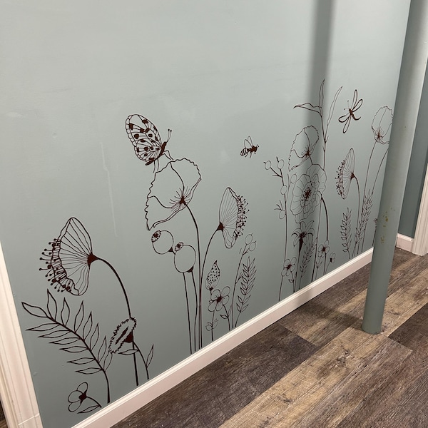 Hand-drawn Wildflowers With Butterflies Wall Decal: Line Art Floral ...