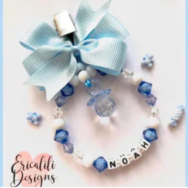Personalised Pram Charm Clip, Dummy Blue White Boy New Baby Shower Gift ...