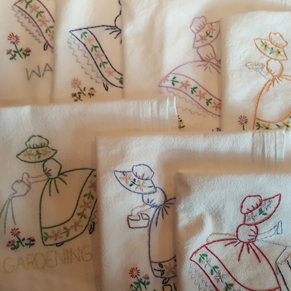 Adorable Colonial Girls Hand Embroidered Cotton Tea Towel Set of Seven ...
