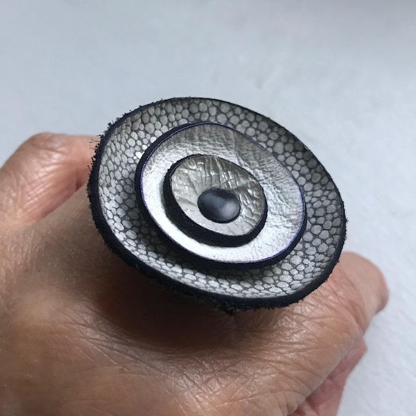 Black White Silver Leather Flower Ring, You Choose the Size, Eco ...