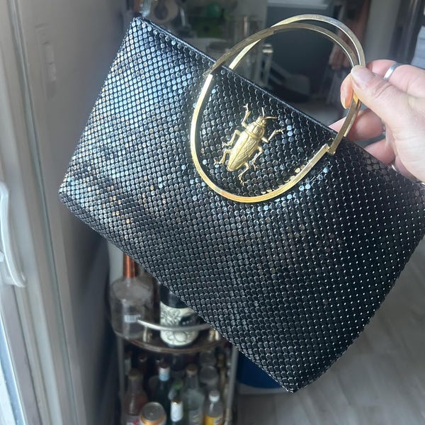 Gold Moth & Beetles on Vintage Black Satin Purse//gold Insects on Black ...