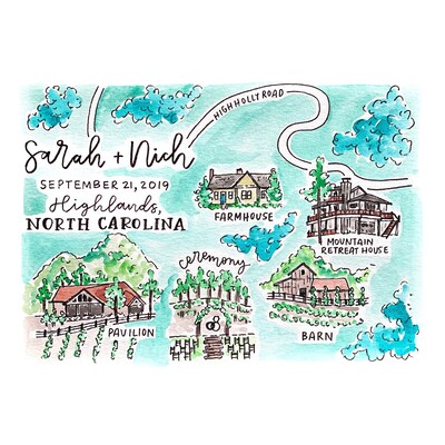 5x7 Custom Hand Painted Watercolor Illustrated Map With Locations for a ...