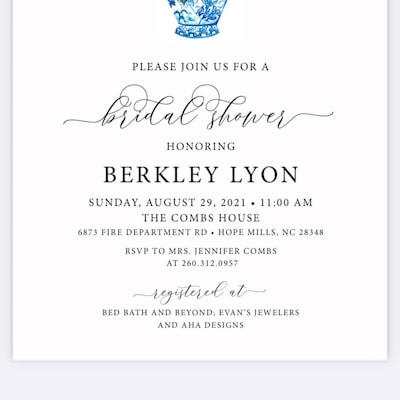 Bridal Shower Invitation Ginger Jar Hydrangea Chinoiserie Invitations ...