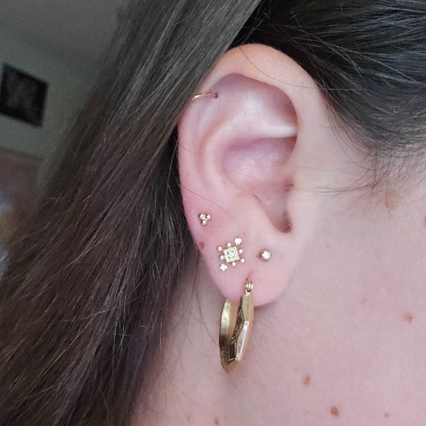 Solid 14K Gold Bead Studs, Triangle Studs, Three Dot Studs, Real Gold, Beaded Studs, Dot Studs ...