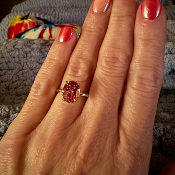 14k Padparadscha Sapphire Ring, Oval Pink Sapphire Ring, Pink Sapphire ...