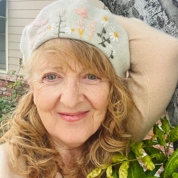 Hand Embroidered Beige Beret, 100% Wool French Cap, Embroidered Wild ...