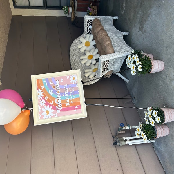 Editable Groovy Party Decor Welcome Sign Daisy Groovy Rainbow Green ...