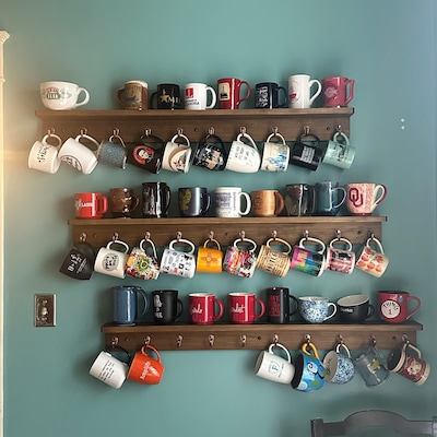 6 Cup Mug Rack With Shelf, Mug Rack Wall Mounted, Coffee Bar Decor ...
