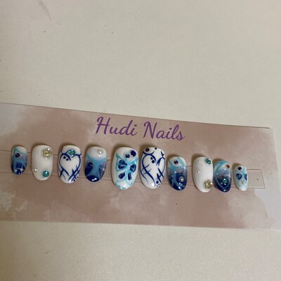 Stunning Acubi-style Nails Deep Blue Ombre Press on Nails Sparkling ...