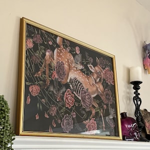 Fawn Deer With Birds and Flowers Gothic Botatnical Art Giclee Print ...