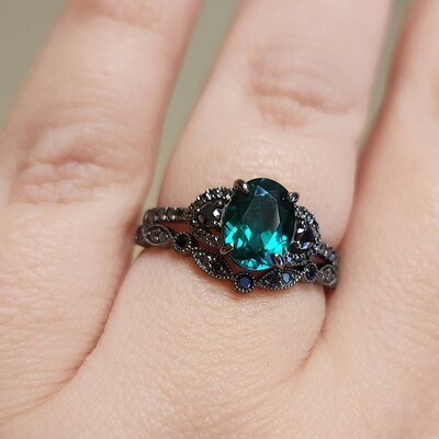 Vintage Oval Emerald Engagement Ring Set 18K Black Gold Vermeil and ...