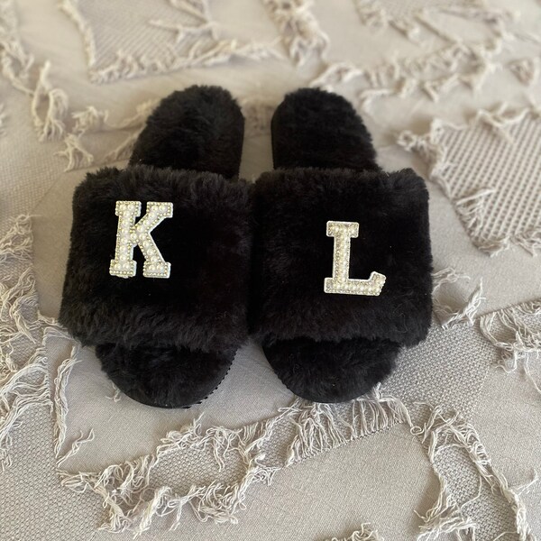 Personalised Fluffy Slippers With Choice of Pearl Letters or Varsity ...