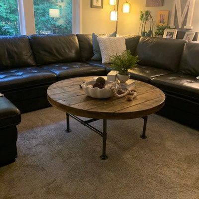 Reclaimed Distressed Round Coffee Table. Heavy Duty Iron Pipe Legs ...