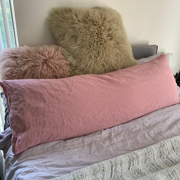 Linen Body Pillow Cover in Dusty Rose, Oversized Washed Linen Lumbar ...