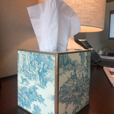 Aqua French Toile Tissue Box Cover - Etsy