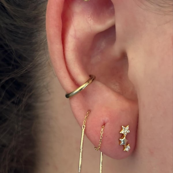 14k Solid Gold Sturdy Extra Long Chain Double Bar Earring, Multiple Piercing Threader, Two Hole ...