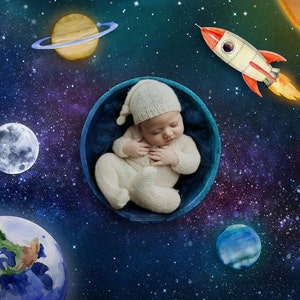 Newborn Digital Backdrop Background Space Astronaut Moon Stars Rocket ...