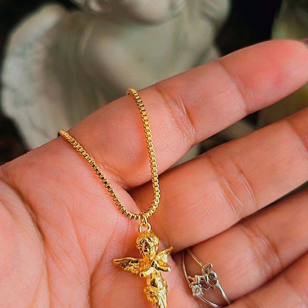 Gold Plated Tiny Baby Angel Necklace, Angel Necklace, 3D Baby Angel ...