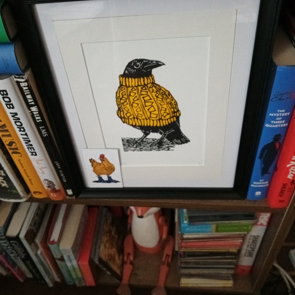 Crow Wearing a Mustard Yellow Jumper - Handmade Linocut Bird Art Print ...