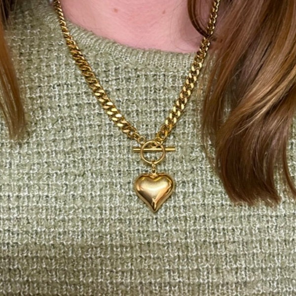 Gold Puffed Heart Pendant Toggle Necklace Chunky Jewelry Statement 3D ...