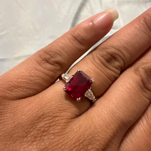 Emerald Cut Lab Created Ruby Engagement Ring for Women, Wedding Ring ...