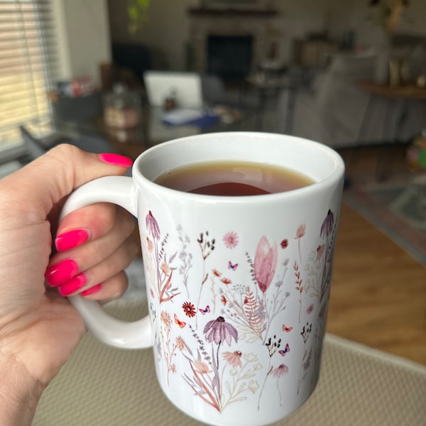 Boho Wildflowers Cottagecore Coffee Mug, Pressed Flowers Mug, Pastel ...