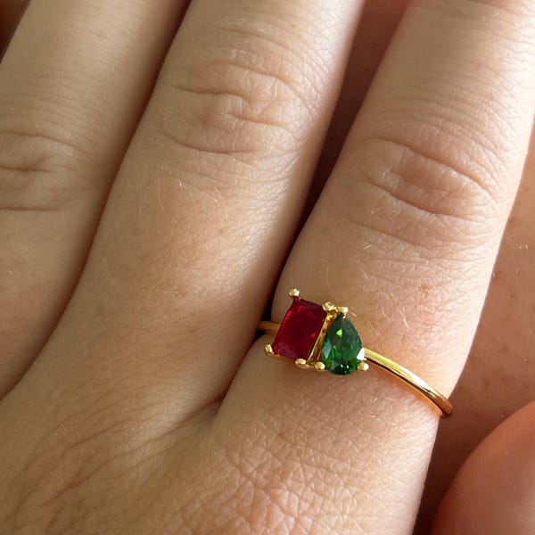 Personalised Two Birthstone Ring, Custom Family Birthstone Ring, Dainty ...