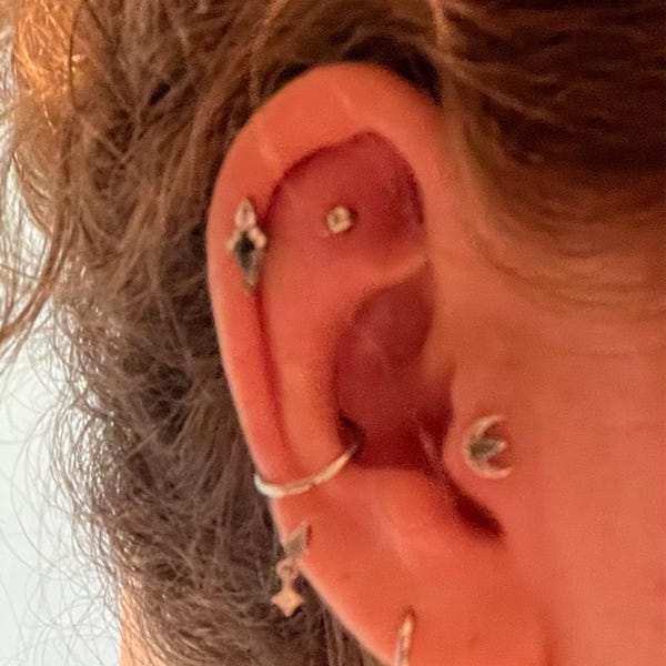 14K Solid Gold Dangle Moss Agate Piercing, Moss Agate Hidden Helix ...