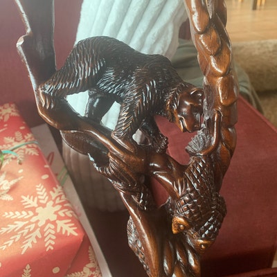 Bear Cane Wooden Walking Stick Grizzly & Salmon Dark Wood Hiking Staff ...