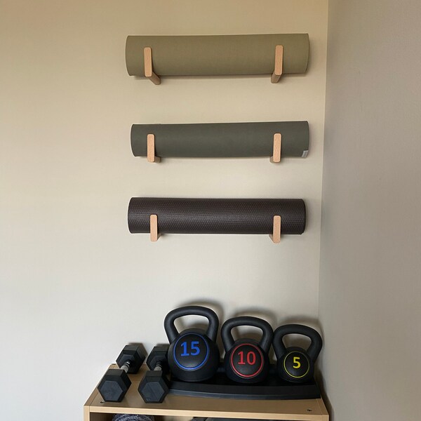 Wooden Yoga Mat Hooks Set, Two Lengths, Beech Wooden Yoga Mat Holder ...