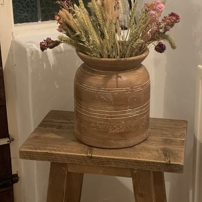 Rustic Clay Vase With Stripe Detail Natural Earthy Brown Painted Wood ...