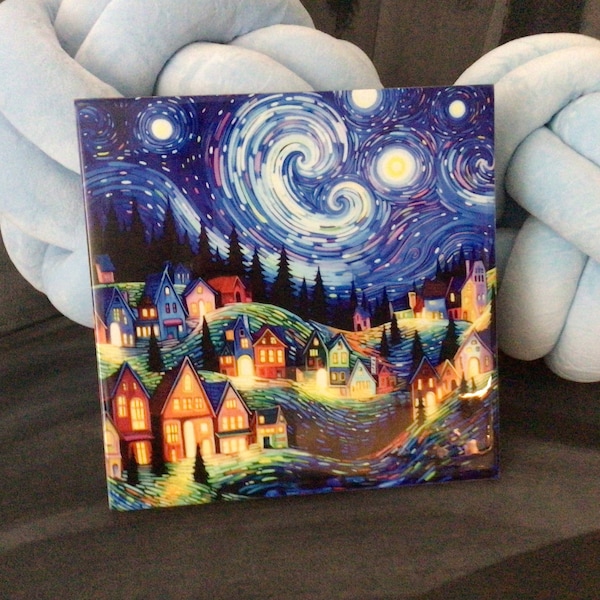 Whimsical Starry Night Village Ceramic Tile Art - Etsy